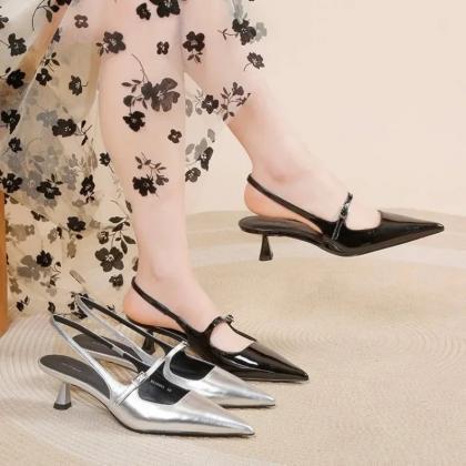 Silver Pointed Toe Slingback Kitten Heel Shoes on Luulla