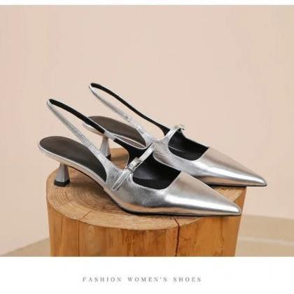 Silver Pointed Toe Slingback Kitten Heel Shoes on Luulla