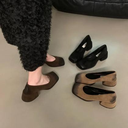 Vintage-inspired Chunky Heel Suede Block Shoes on Luulla