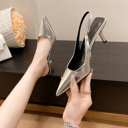 Sleek Silver Pointed Toe Slingback Heels on Luulla