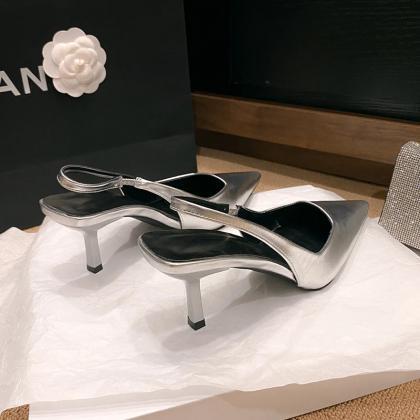 Sleek Silver Pointed Toe Slingback Heels on Luulla