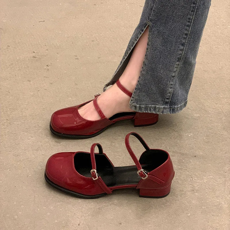 Red Low Heel Strappy Square Toe Flats on Luulla