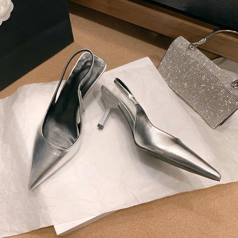 Sleek Silver Pointed Toe Slingback Heels on Luulla