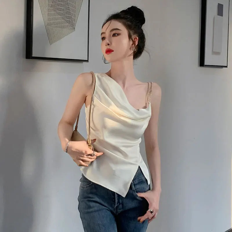 Stylish Asymmetrical Draped Satin Top With Straps on Luulla