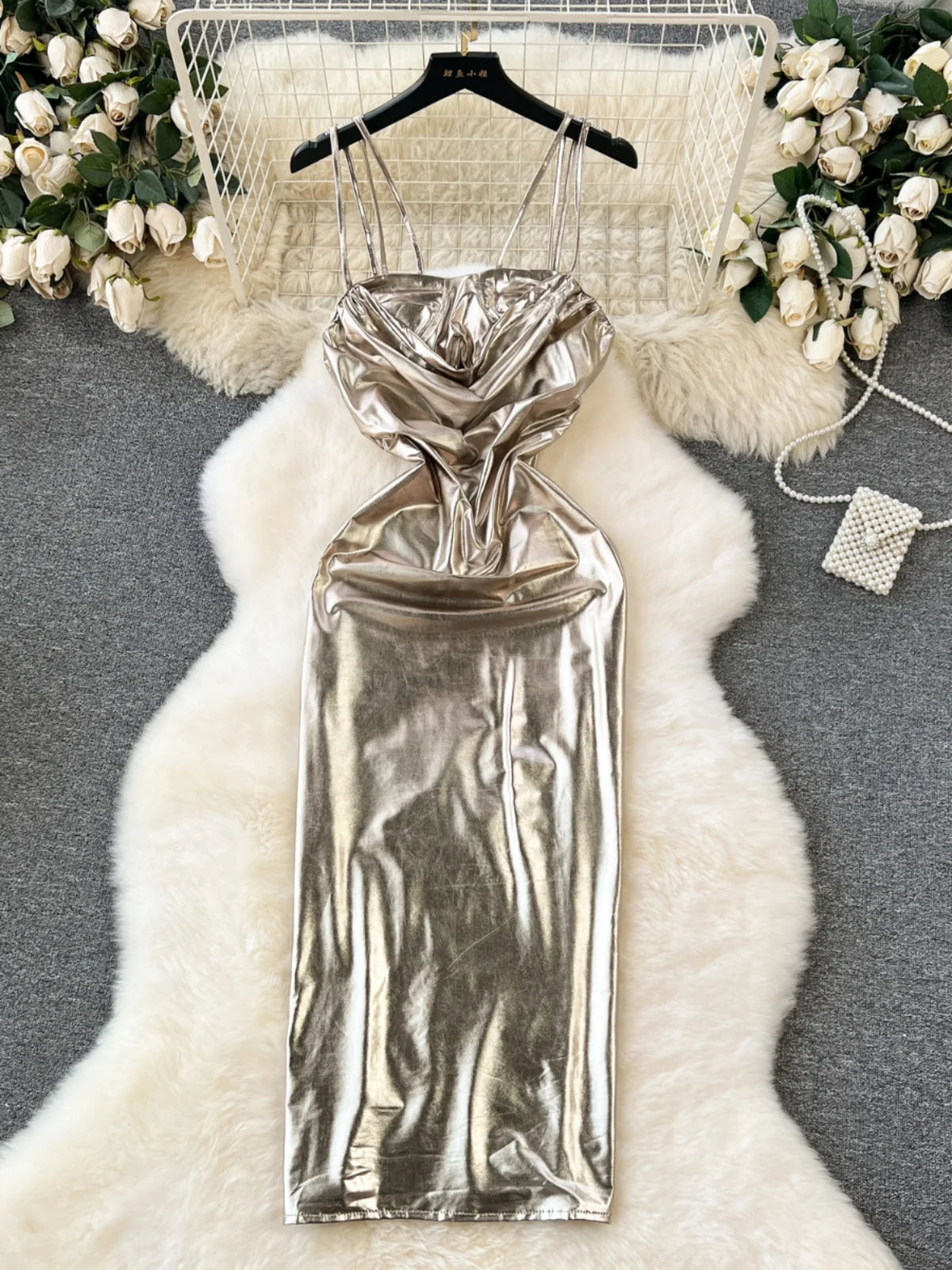 Metallic Gold Spaghetti Strap Midi Dress on Luulla