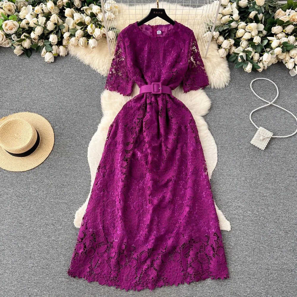 Elegant Purple Lace Dress With Matching Belt on Luulla