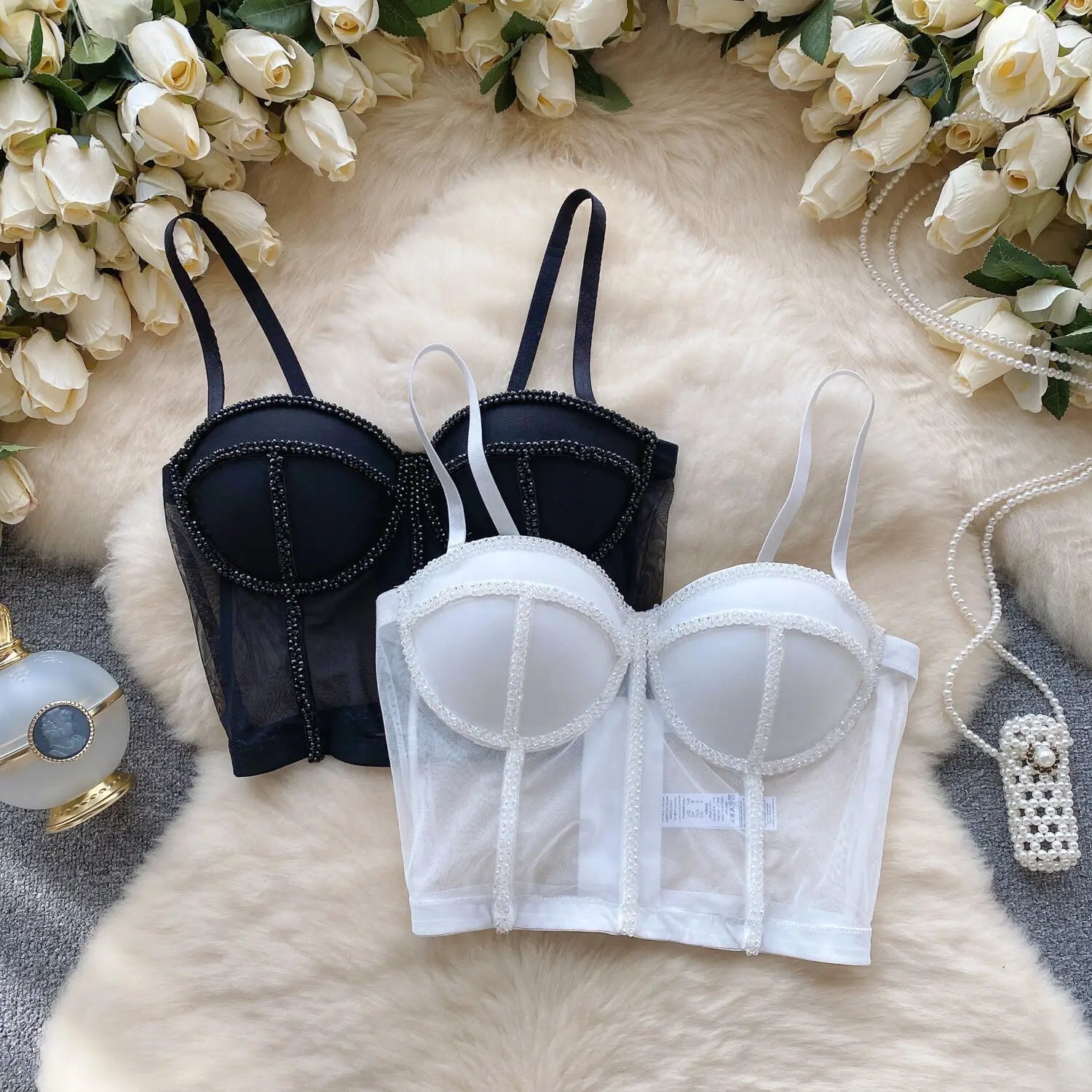 Elegant Mesh Bustier Top Set With Rhinestones on Luulla