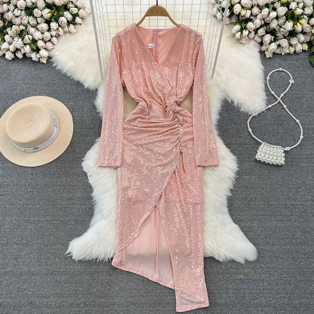 Elegant Pink Sequin Long Sleeve Ruched Dress on Luulla