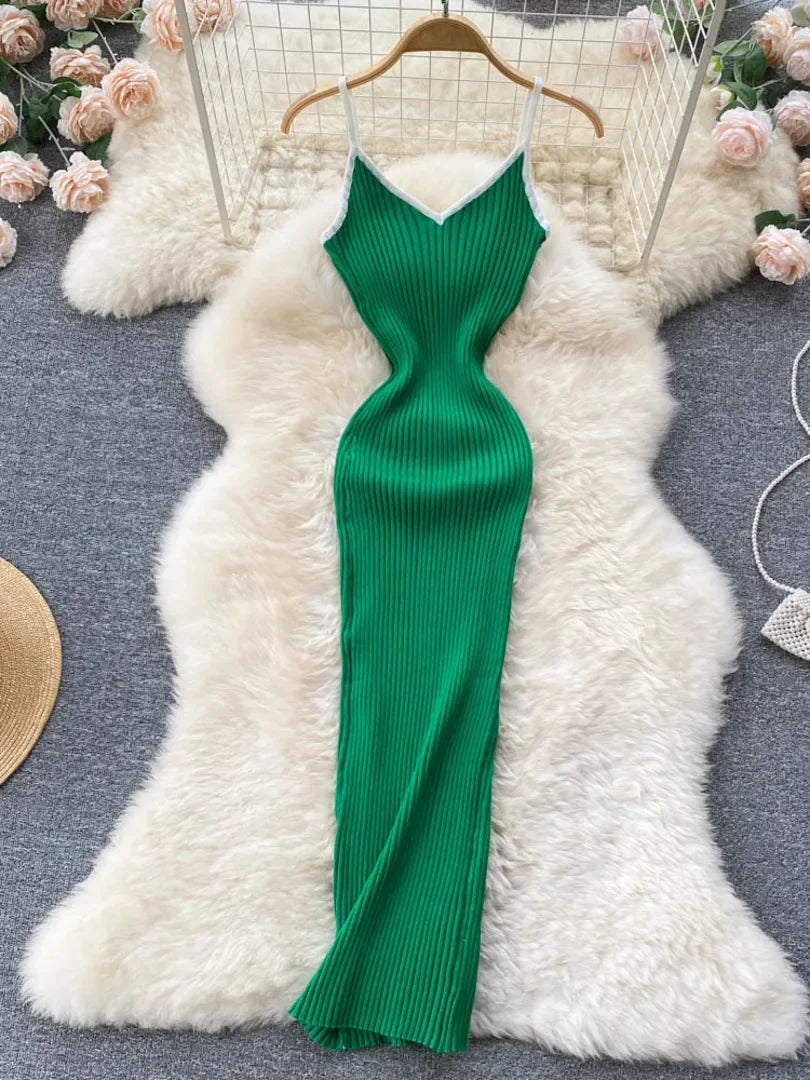 Elegant Green Ribbed Bodycon Maxi Dress on Luulla