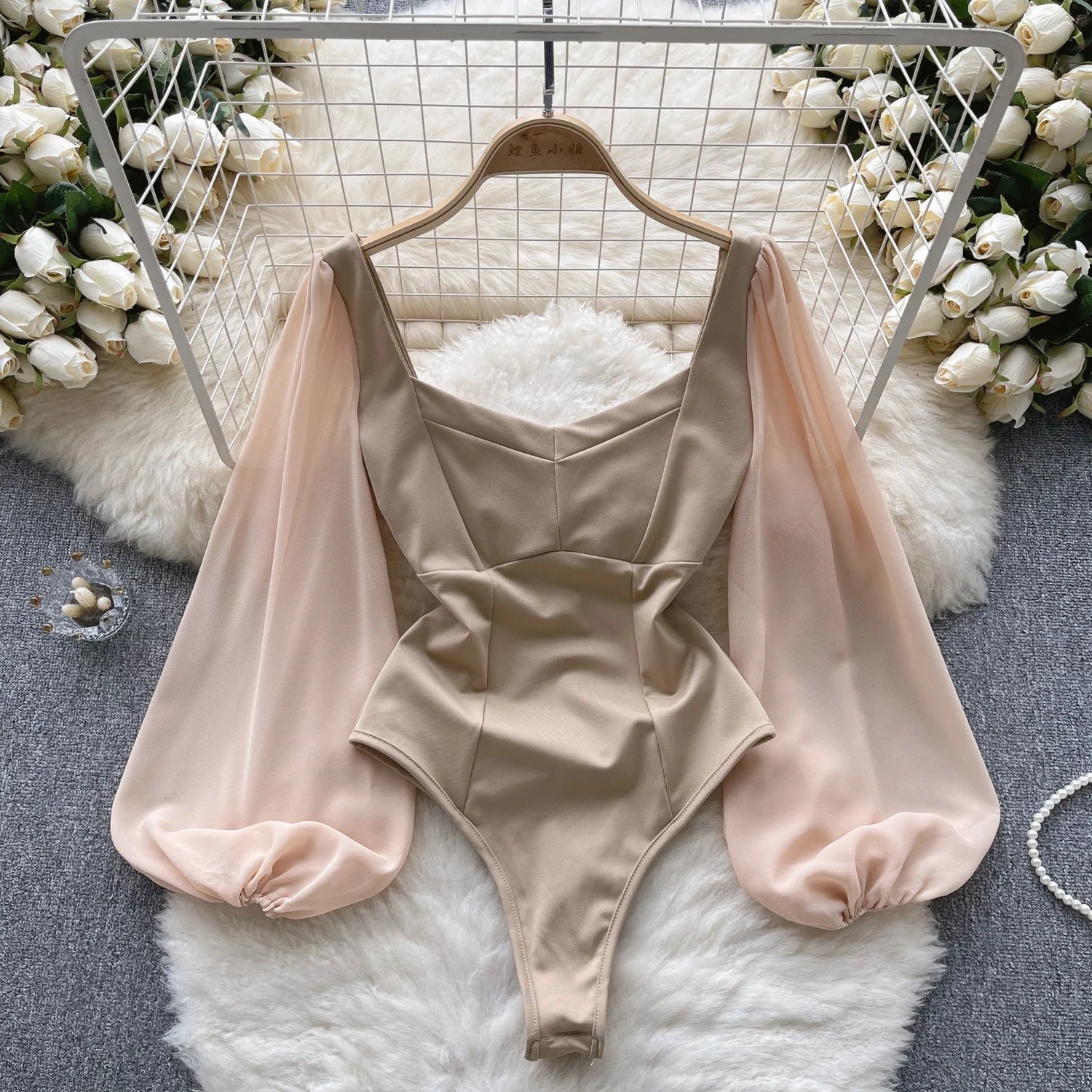 Elegant Beige Bodysuit With Sheer Puff Sleeves E on Luulla