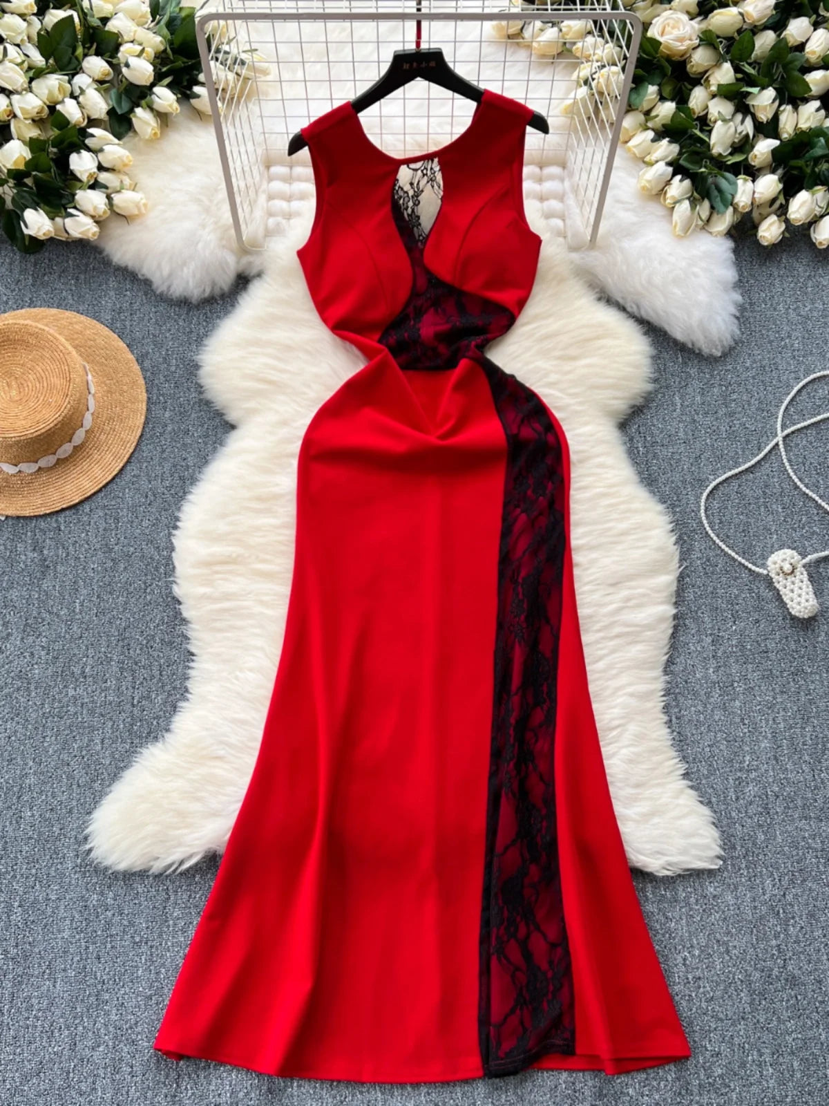 Elegant Red Gown With Black Lace Accents on Luulla
