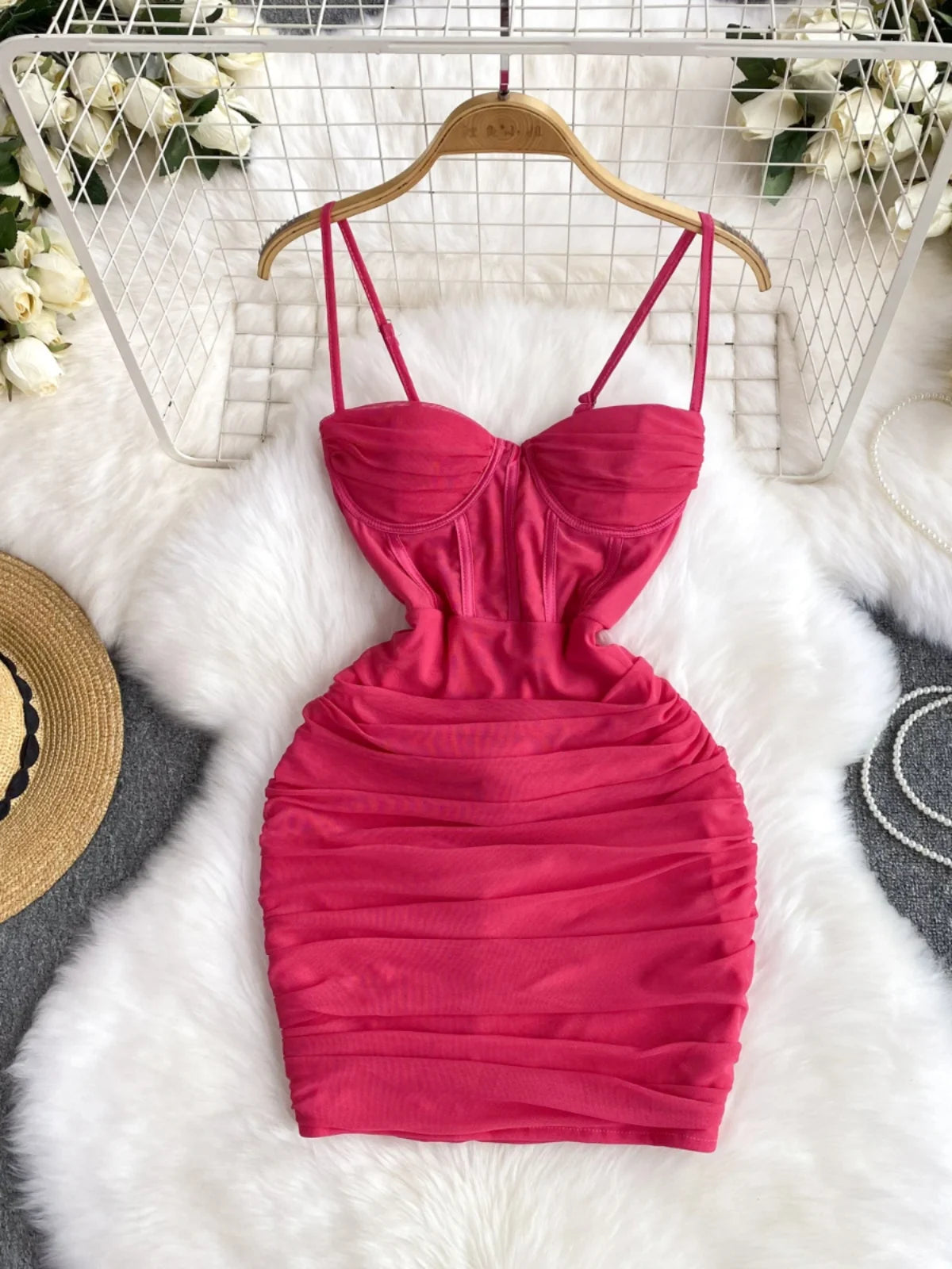 Pink Ruched Bodycon Dress With Straps on Luulla