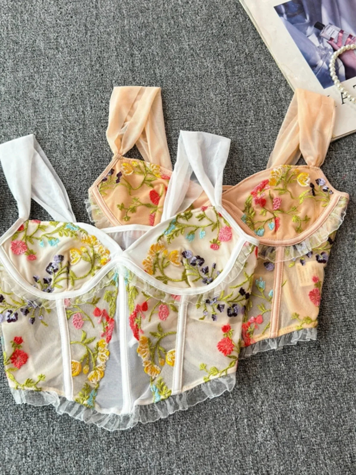 Floral Embroidered Sheer Mesh Lace Bustier Tops on Luulla