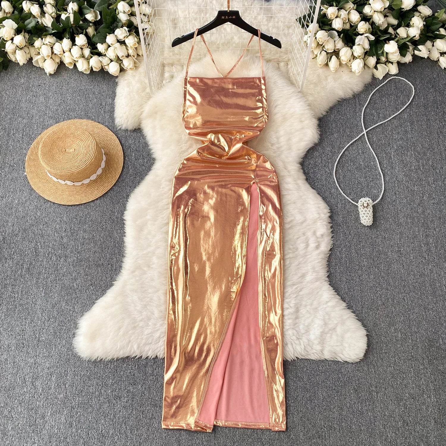 Elegant Rose Gold Satin Evening Dress on Luulla