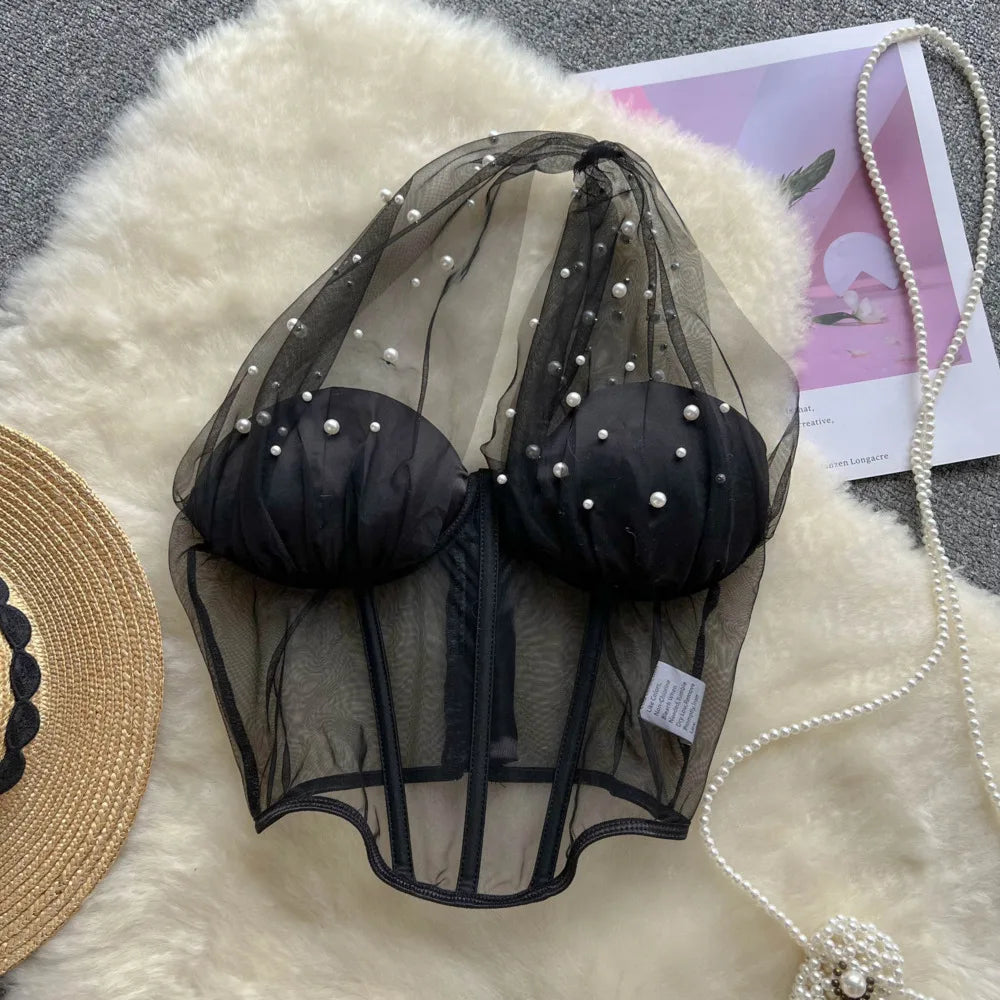 Black Mesh Bralette With Pearl Embellishments on Luulla