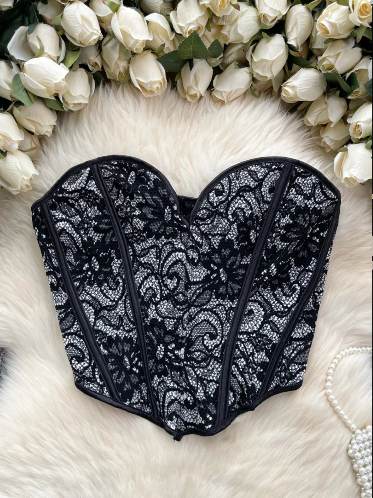 Elegant Black Lace Strapless Corset Bustier Top on Luulla