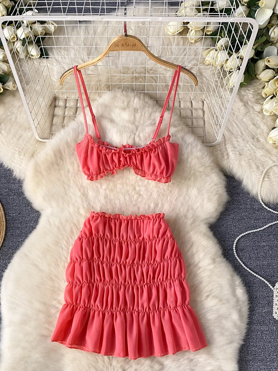 Ruffled Pink Skirt And Top Set on Luulla