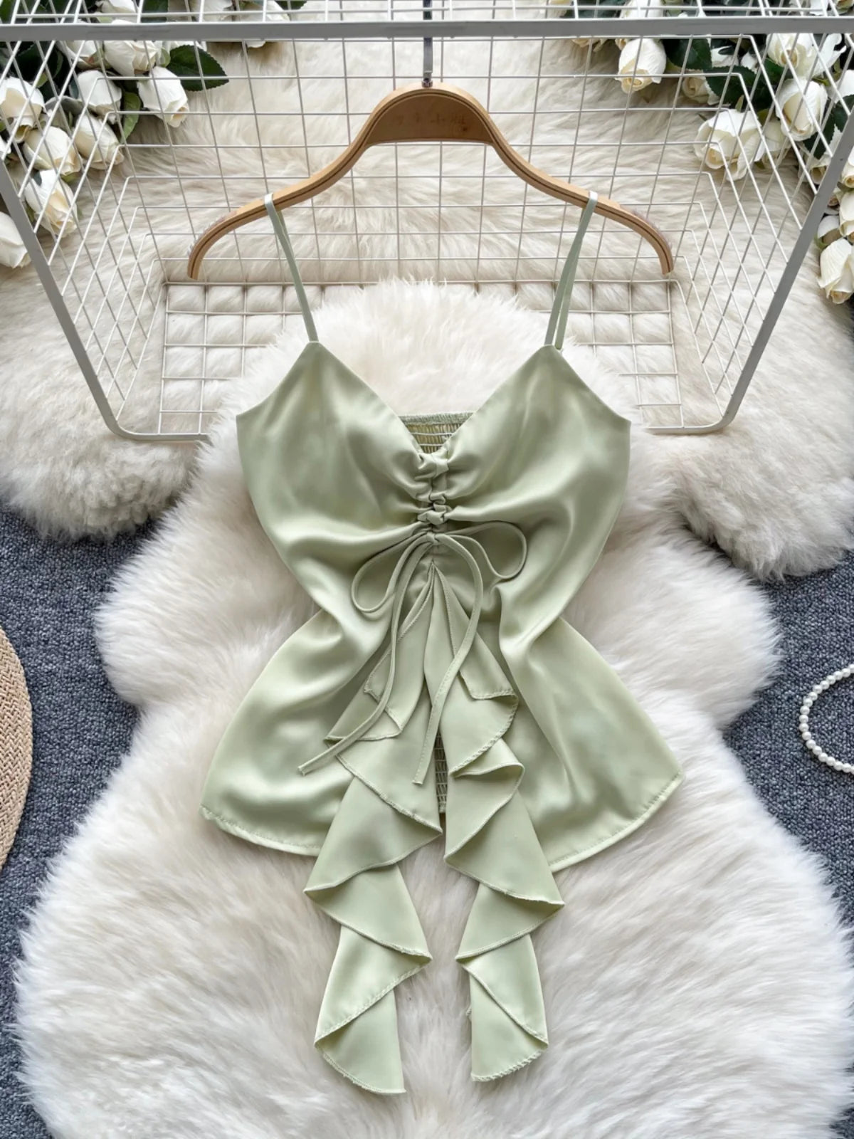 Elegant Sage Green Ruched Satin Camisole Top on Luulla