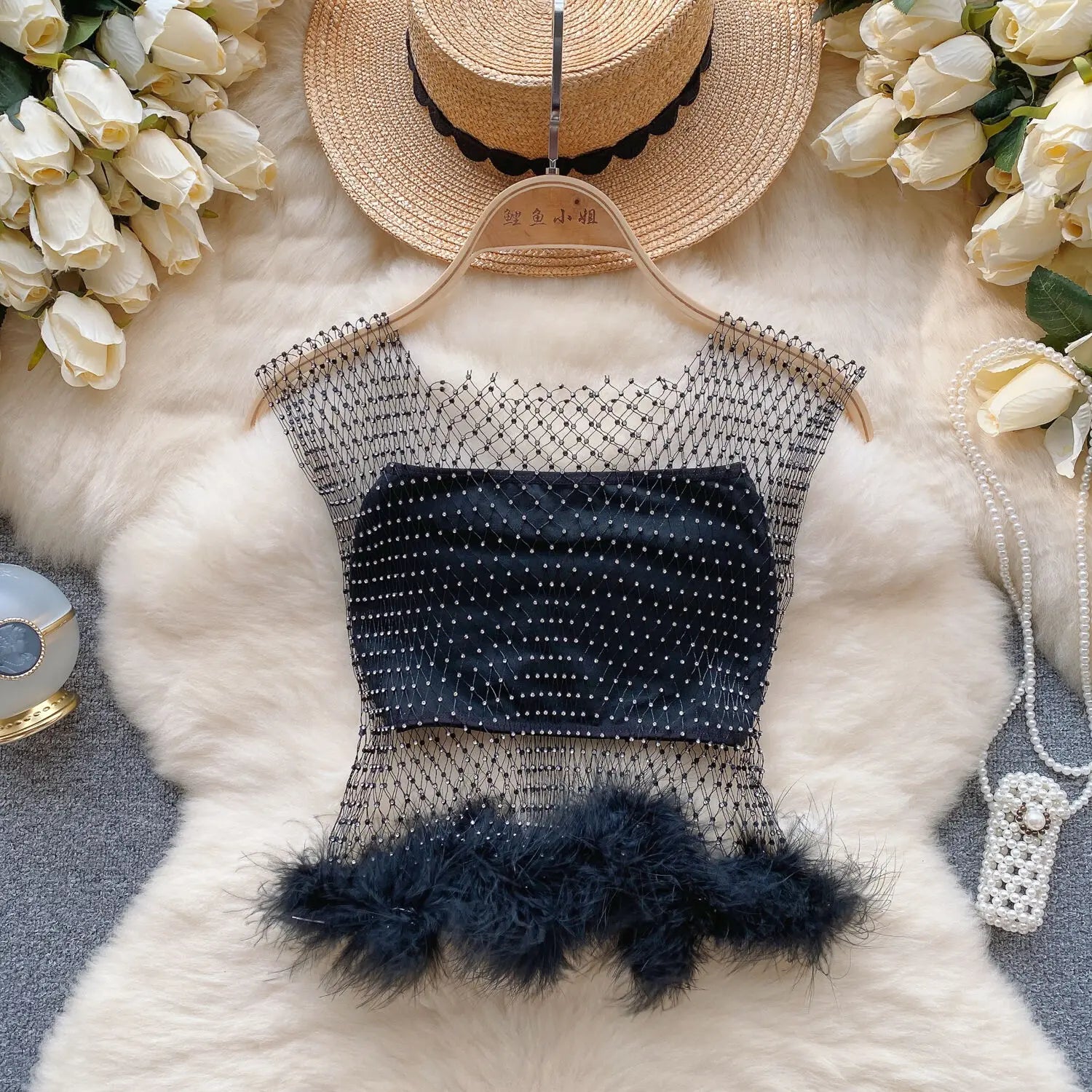 Elegant Mesh Pearl Embellished Feather Trim Top on Luulla