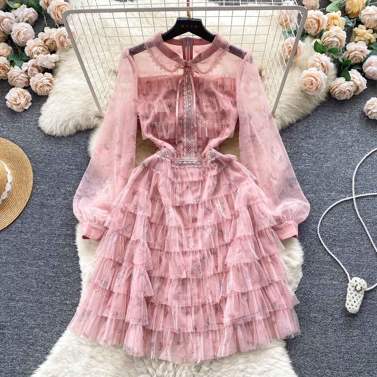 Elegant Pink Lace Ruffle Layered Midi Dress on Luulla