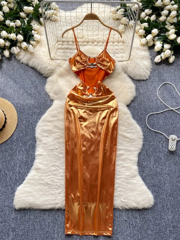 Elegant Gold Satin Evening Dress With Slit on Luulla