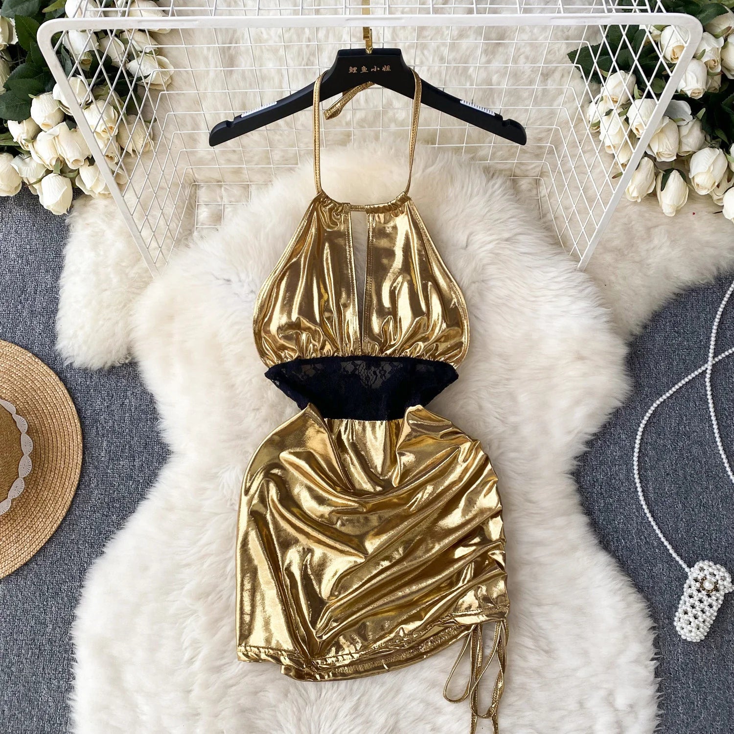 Elegant Gold Backless Halter Mini Dress on Luulla