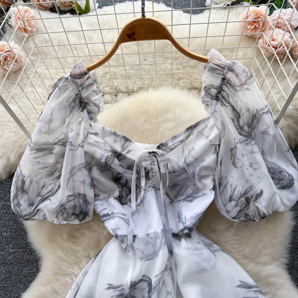 Floral Chiffon Summer Dress With Puff Sleeves on Luulla