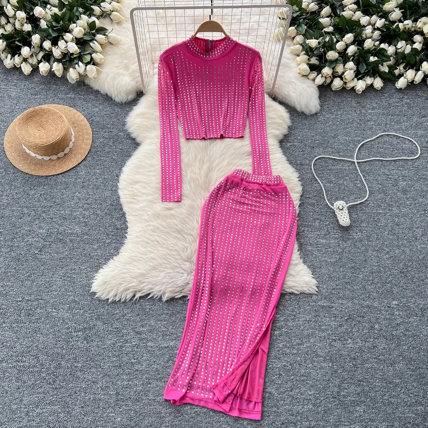 Radiant Pink Sequin Two-piece Formal Set on Luulla