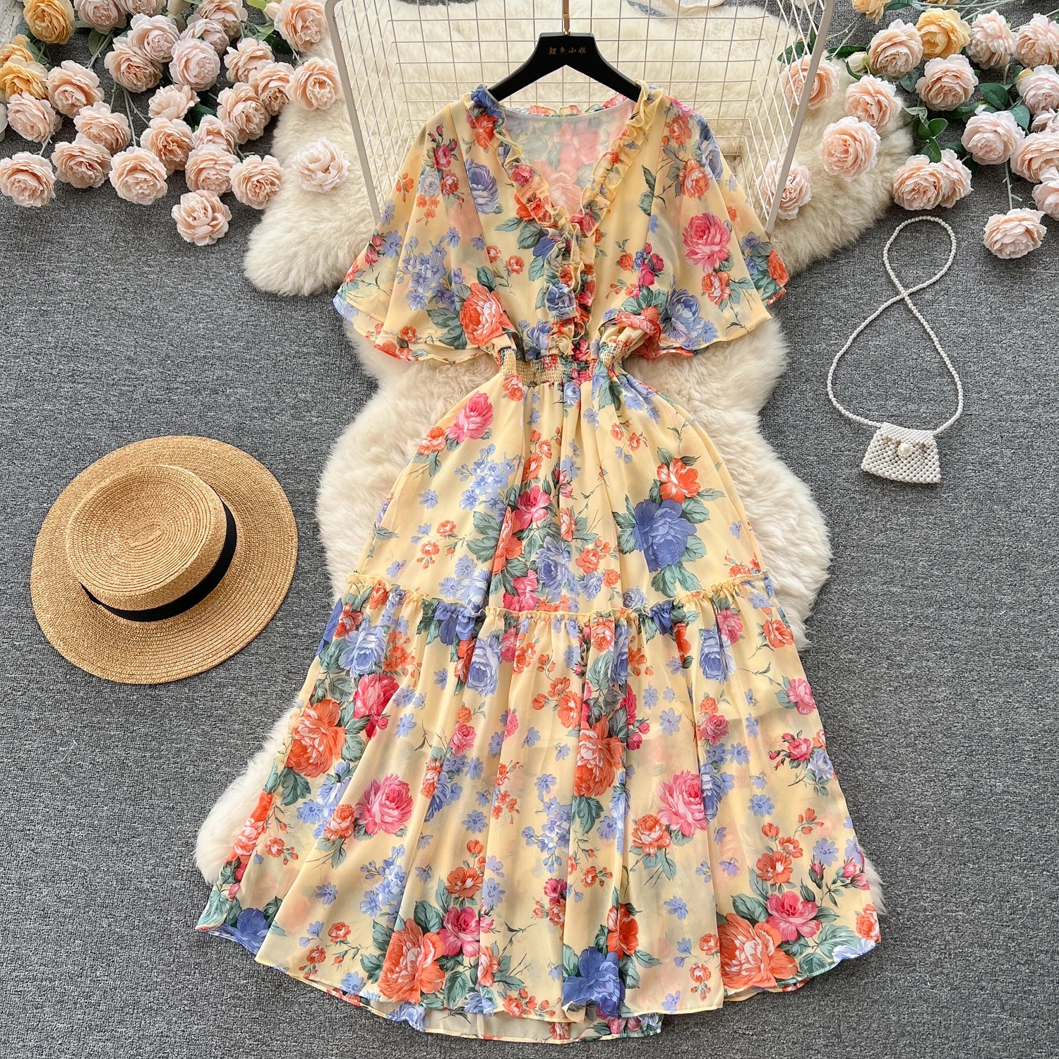 Floral Chiffon Sundress With Ruffle V-neck Design on Luulla