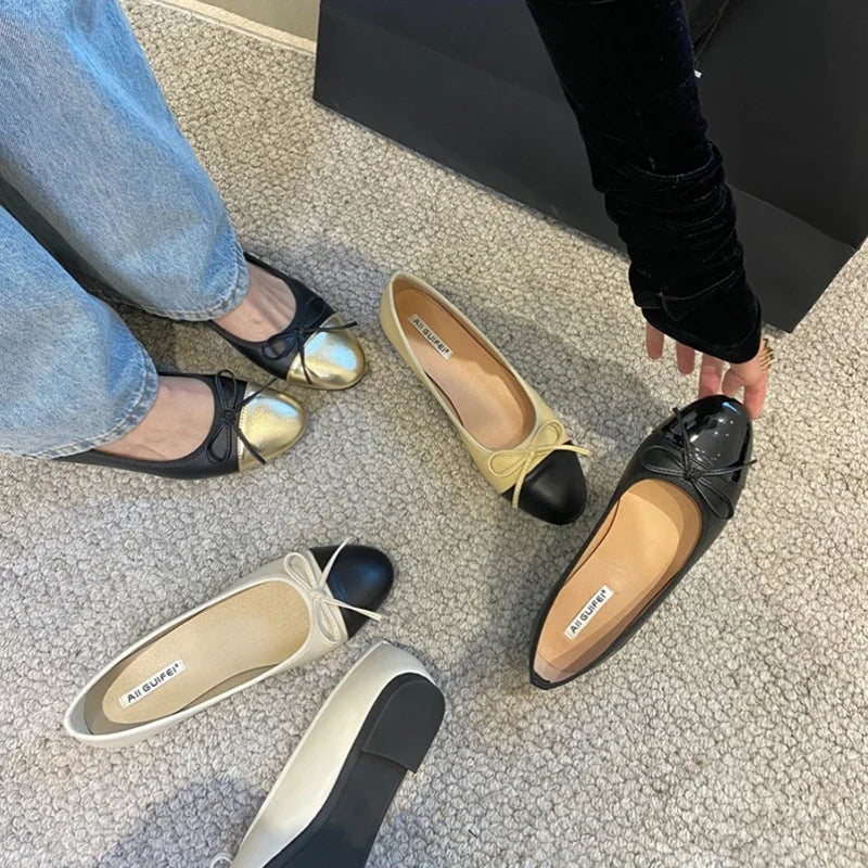 Chic Two-tone Leather Ballet Flats With Bow on Luulla