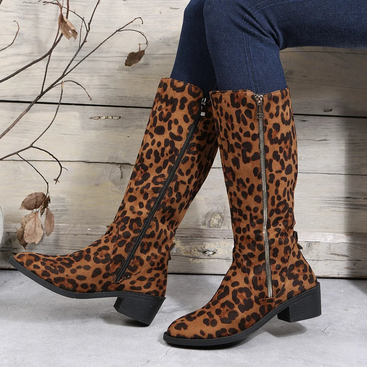 Leopard Print Knee-high Boots With Zippers on Luulla