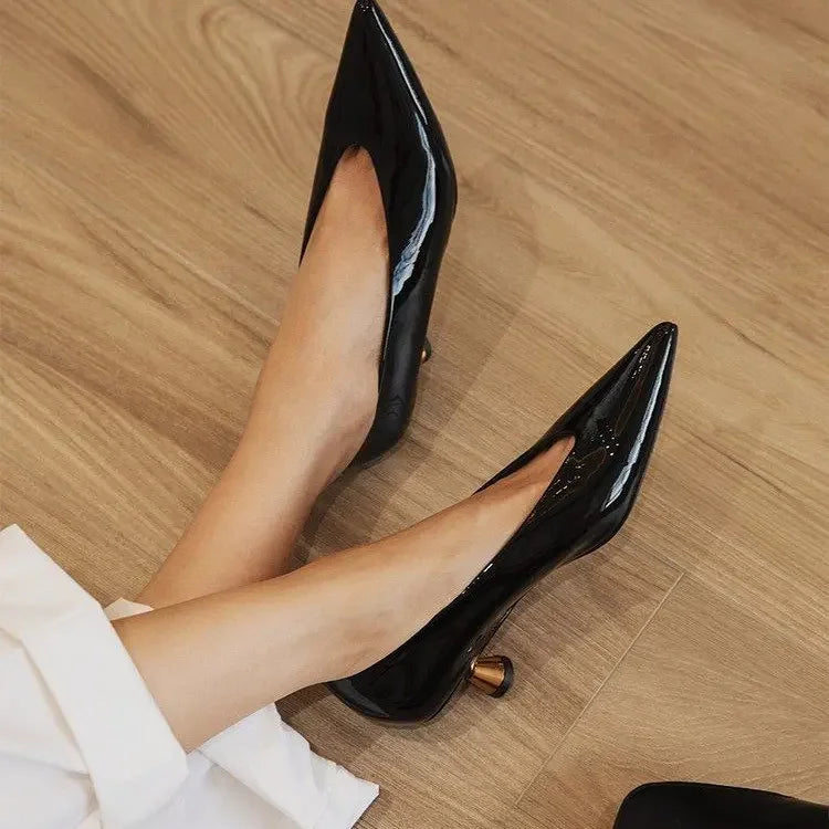 Black Patent Leather Low Heel Pointed Shoes on Luulla
