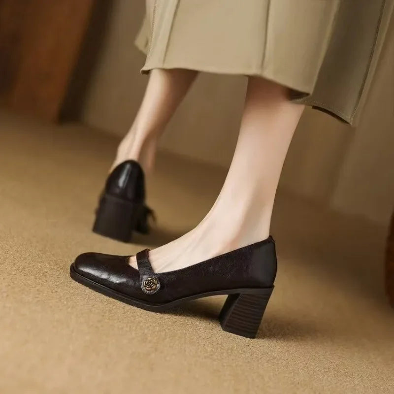 Vintage Leather Block Heel Comfort Shoes on Luulla