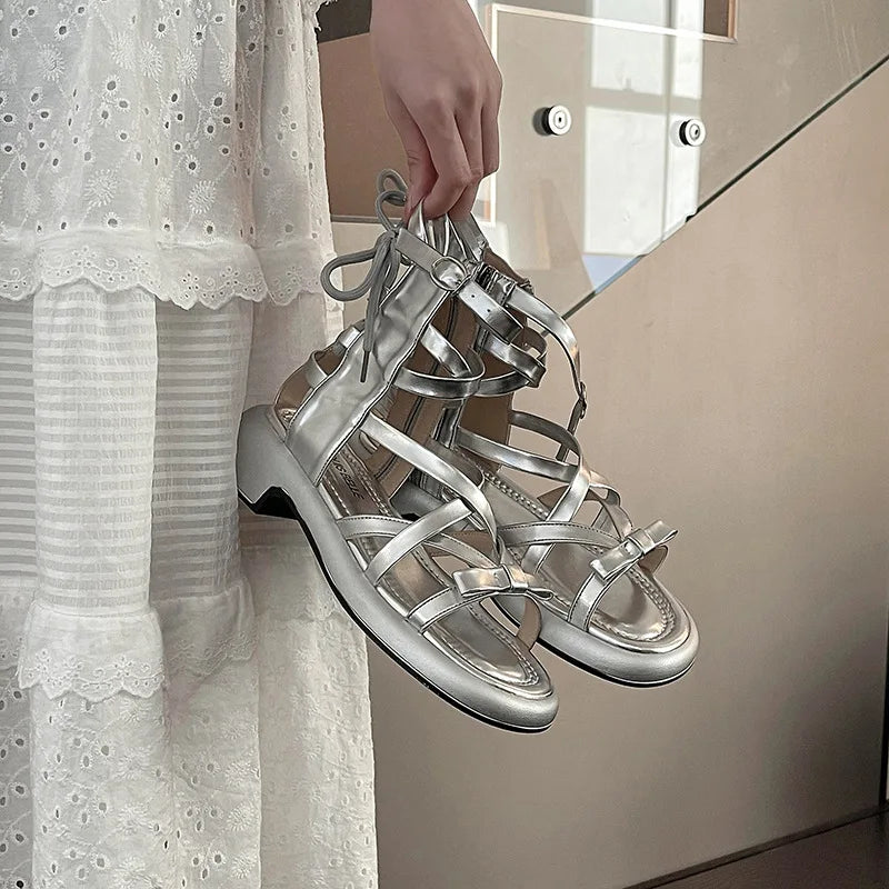 Chic Metallic Lace-up Dual Tone Sandals on Luulla