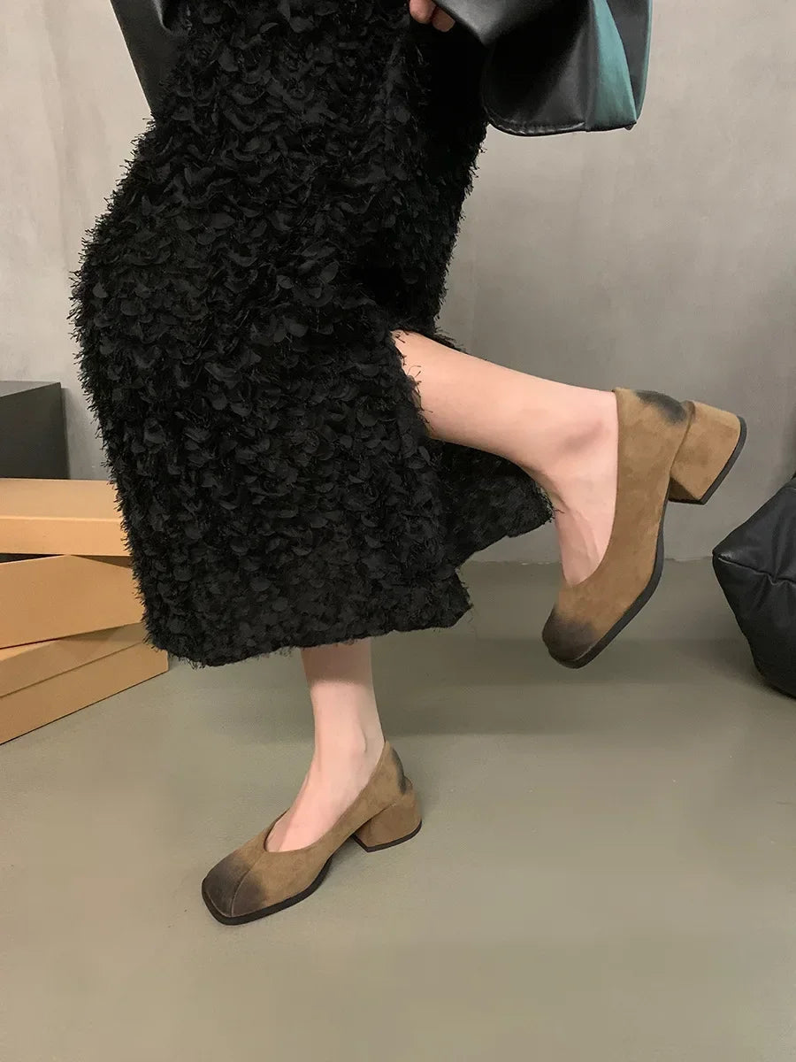Vintage-inspired Chunky Heel Suede Block Shoes on Luulla