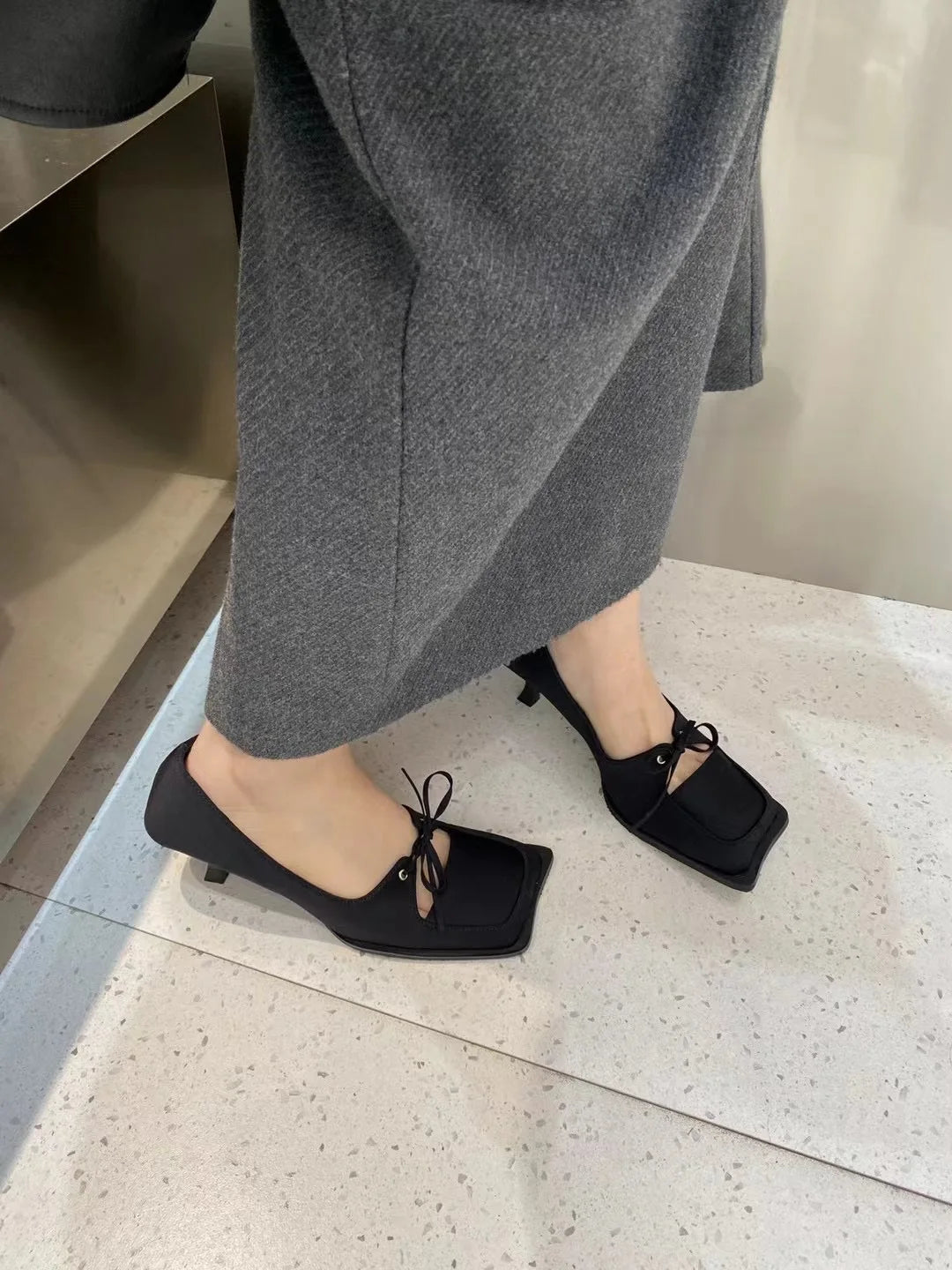 Black Square Toe Low Heel Lace-up Flats on Luulla