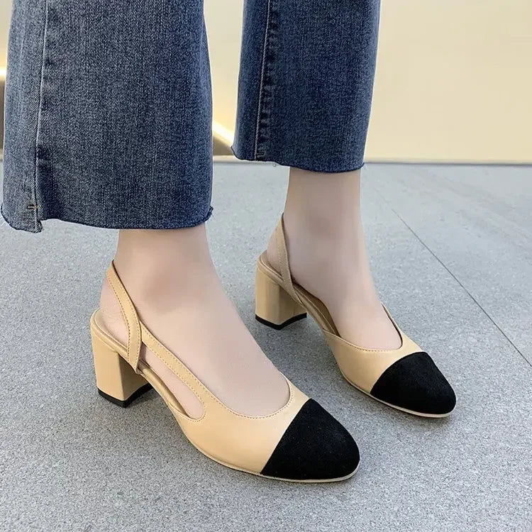 Stylish Block Heel Two-tone Slingback Shoes on Luulla