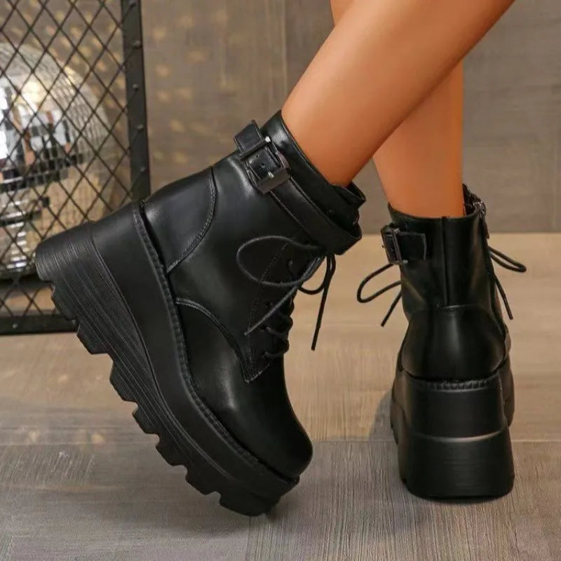 Womens Black Platform Ankle Boots With Buckles on Luulla