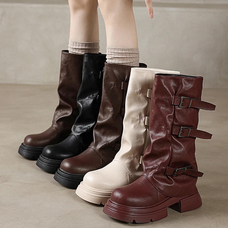 Stylish Buckled Leather Boots With Chunky Soles on Luulla