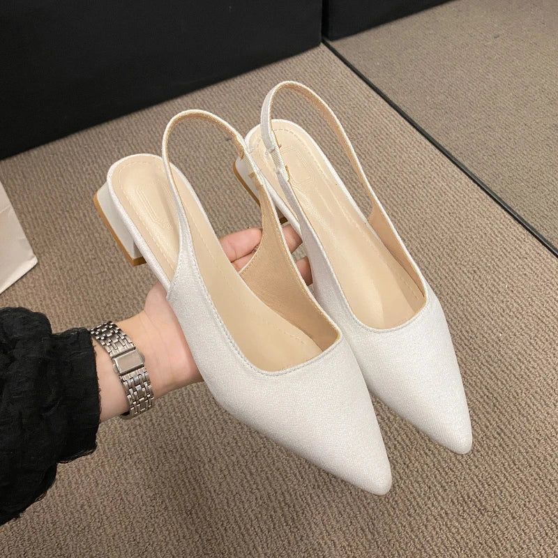 Pointed Toe White Slingback Low Heel Mules on Luulla