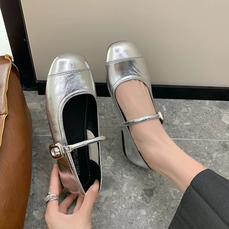 Metallic Silver Square-toe Mary Jane Shoes on Luulla