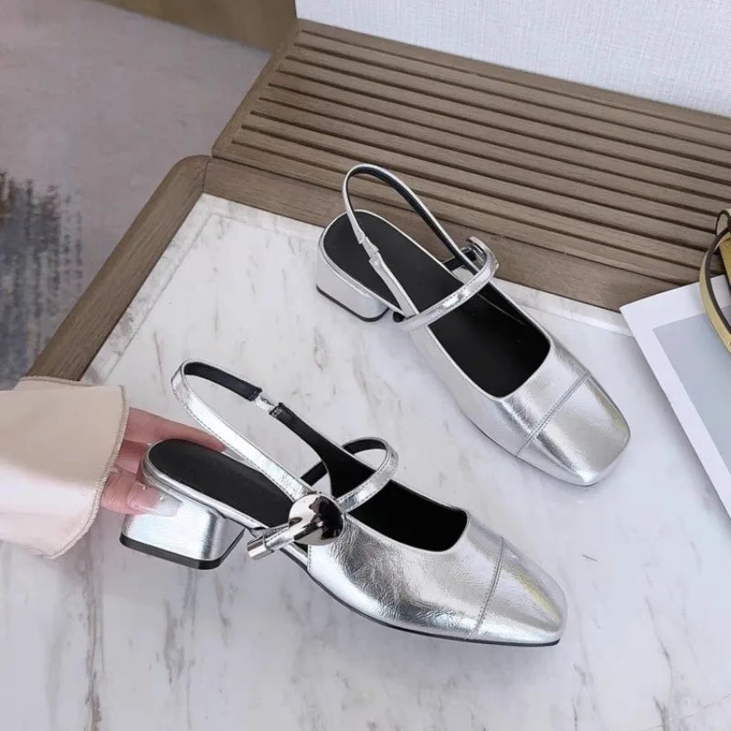 Silver Block Heel Slingback Square Toe Shoes on Luulla