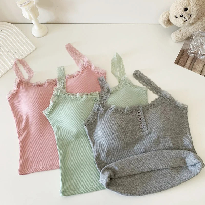 Lace Trim Ribbed Button Strap Tank Tops on Luulla
