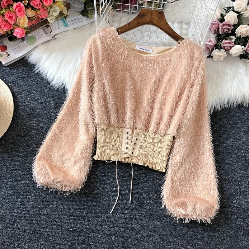 Fluffy Lace-up Blouse With Balloon Sleeves on Luulla