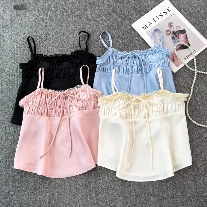 Womens Adjustable Spaghetti Strap Ruched Satin Tops on Luulla