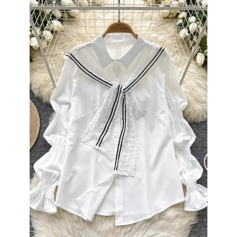 Sailor-inspired White Blouse With Ribbon Detail on Luulla