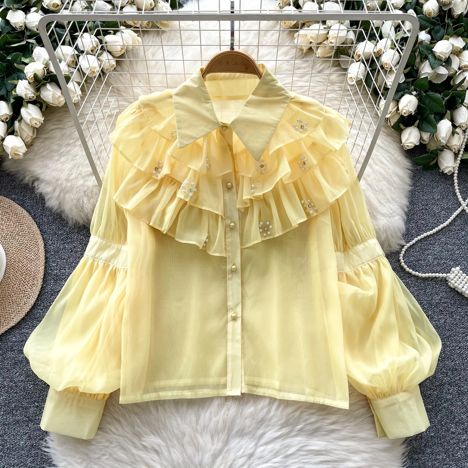 Yellow Ruffled Blouse With Sheer Puffy Sleeves on Luulla