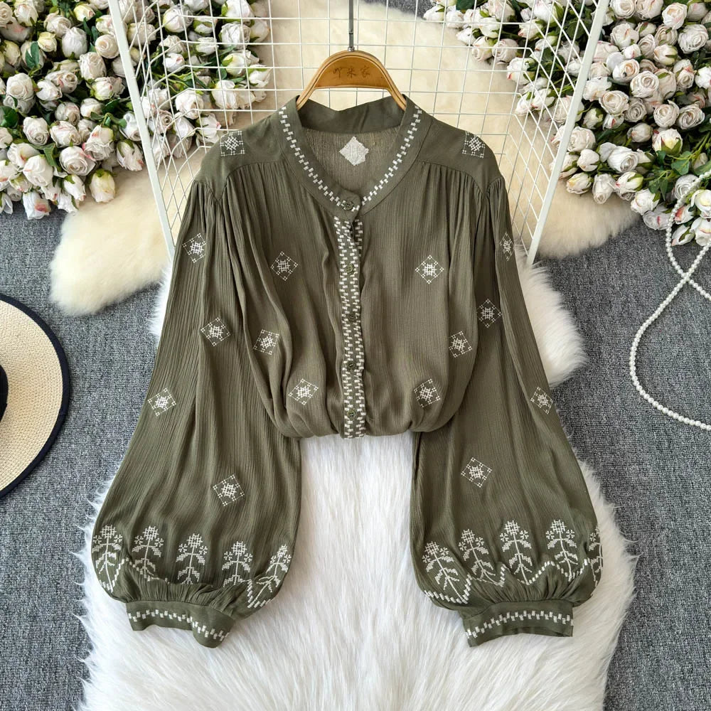 Floral Embroidered Boho Blouse With Balloon Sleeves on Luulla
