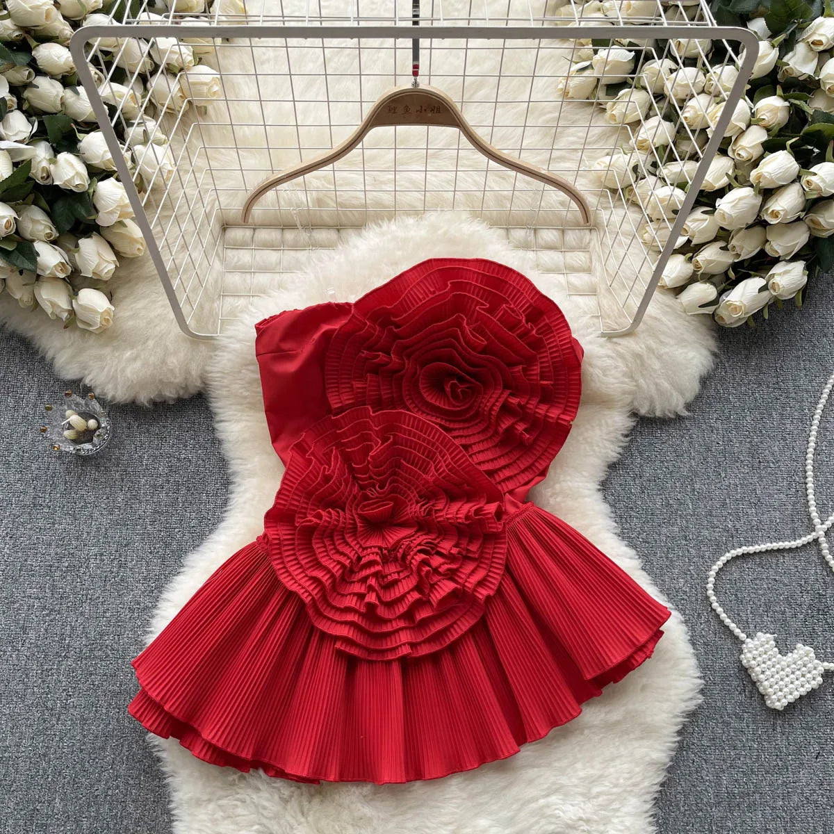 Strapless Red Ruffled Mini Dress With Pleats on Luulla