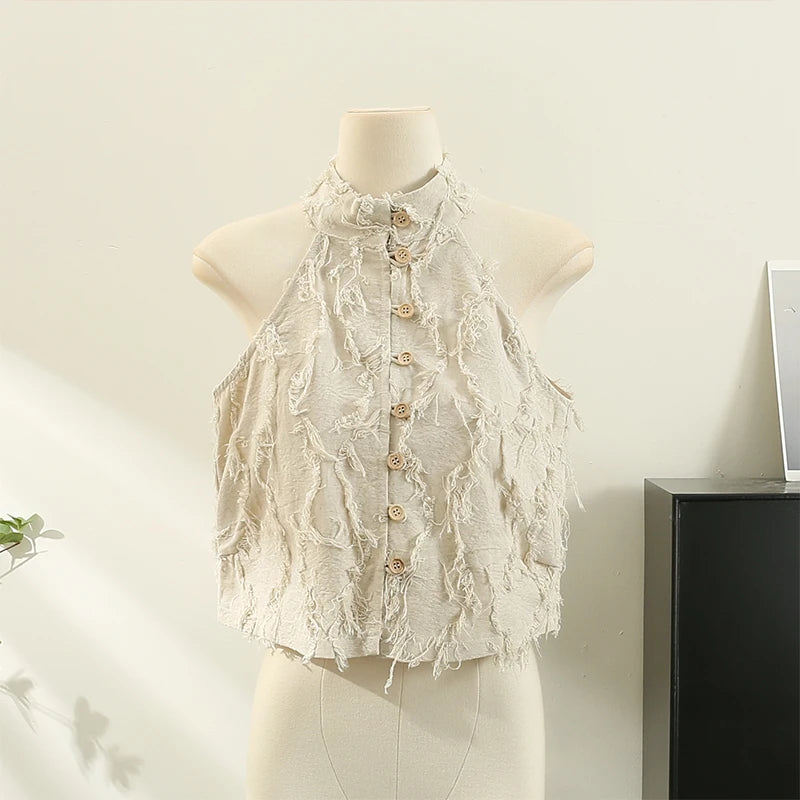 Frayed Button-up Halter Top In Cream Linen on Luulla